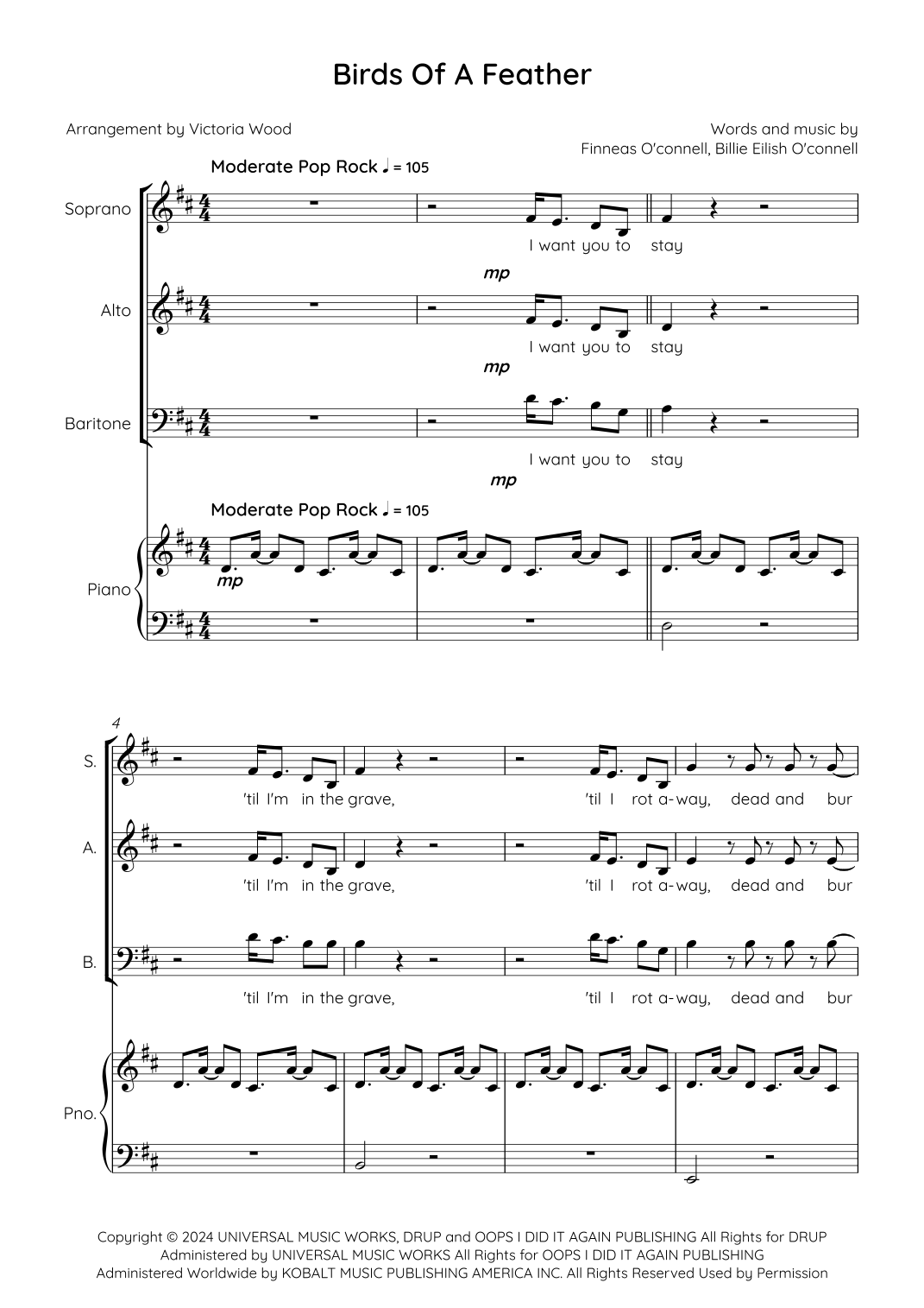 Birds Of A Feather (arr. Victoria Wood) by Billie Eilish Sheet Music ...