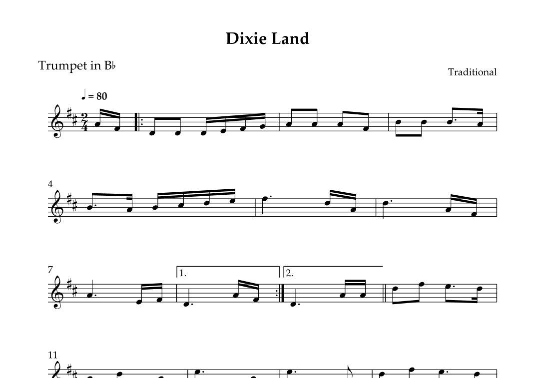 Dixie Land (arr. Wesley S. SIlva) by Traditional Sheet Music for ...