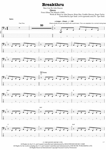 Breakthru Sheet Music | Queen | Bass Guitar Tab