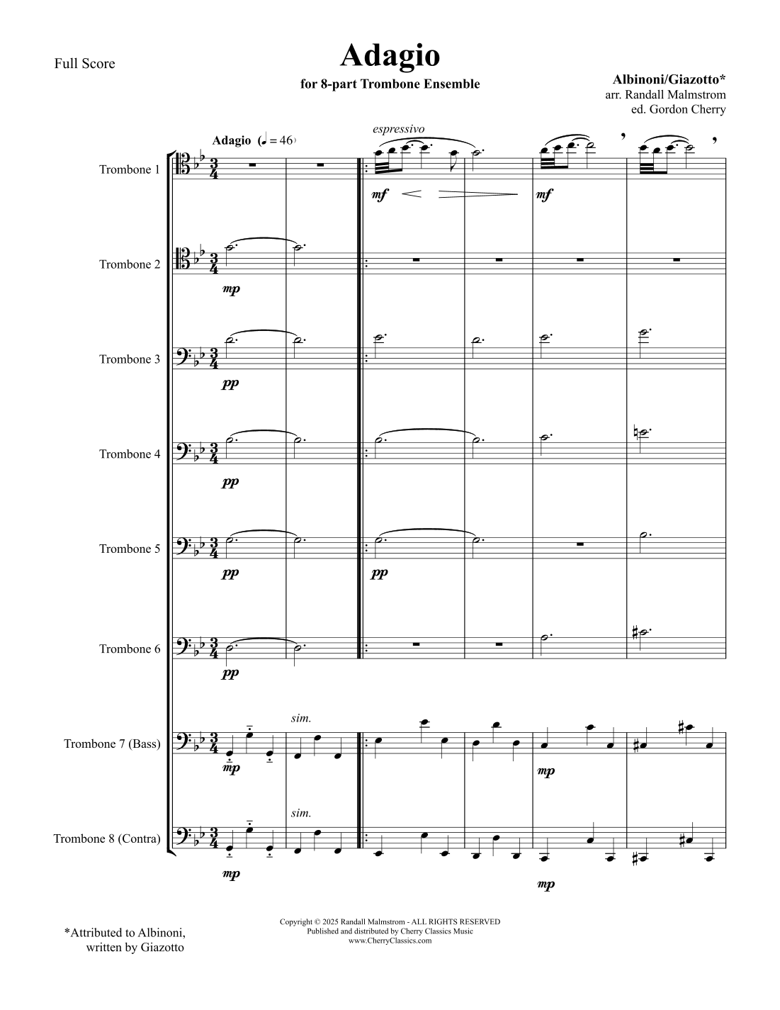 Adagio in G minor for 8-part Trombone Ensemble (arr. Randall Malmstrom ...