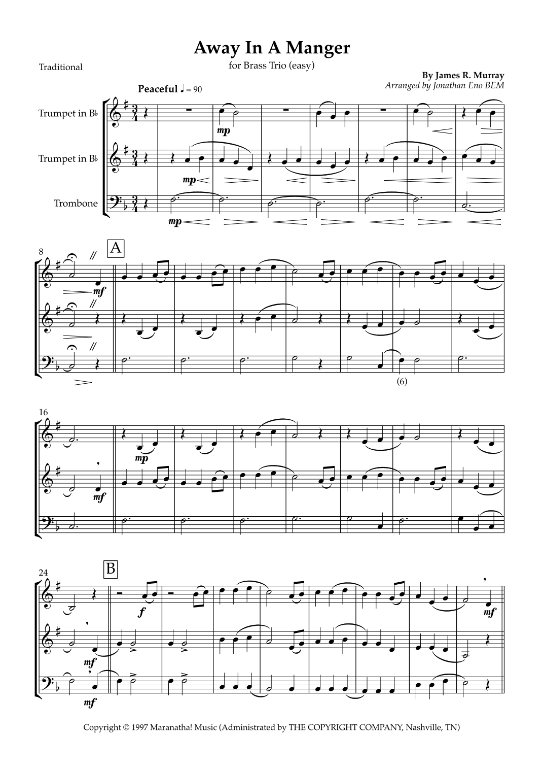Away In A Manger (arr. Jonathan Eno BEM) by Traditional Sheet Music for ...