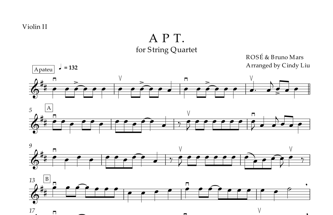 APT for String Quartet (Violin II) (arr. Cindy Liu) by Rose & Bruno ...