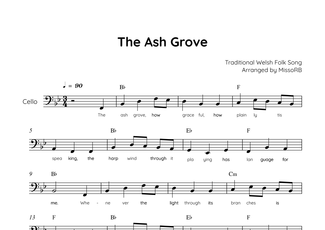 The Ash Grove - Cello in Bb Lead Sheet With Chords & Lyric - Easy (arr ...