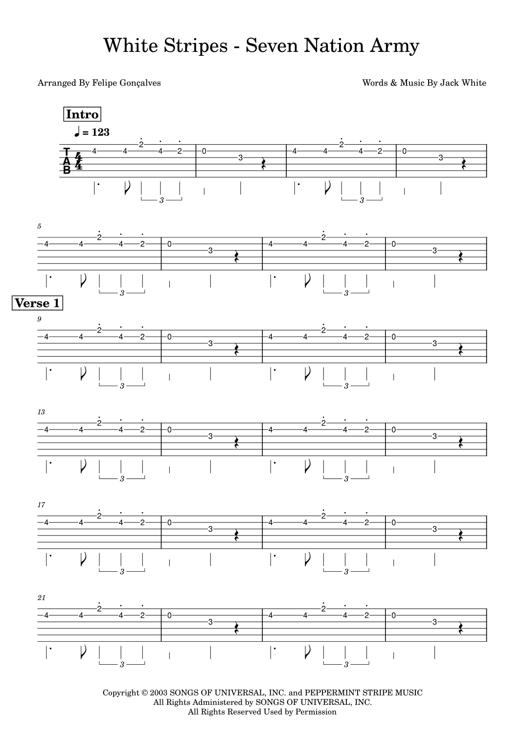 Seven Nation Army (arr. Felipe Gonçalves) by White Stripes Sheet Music ...