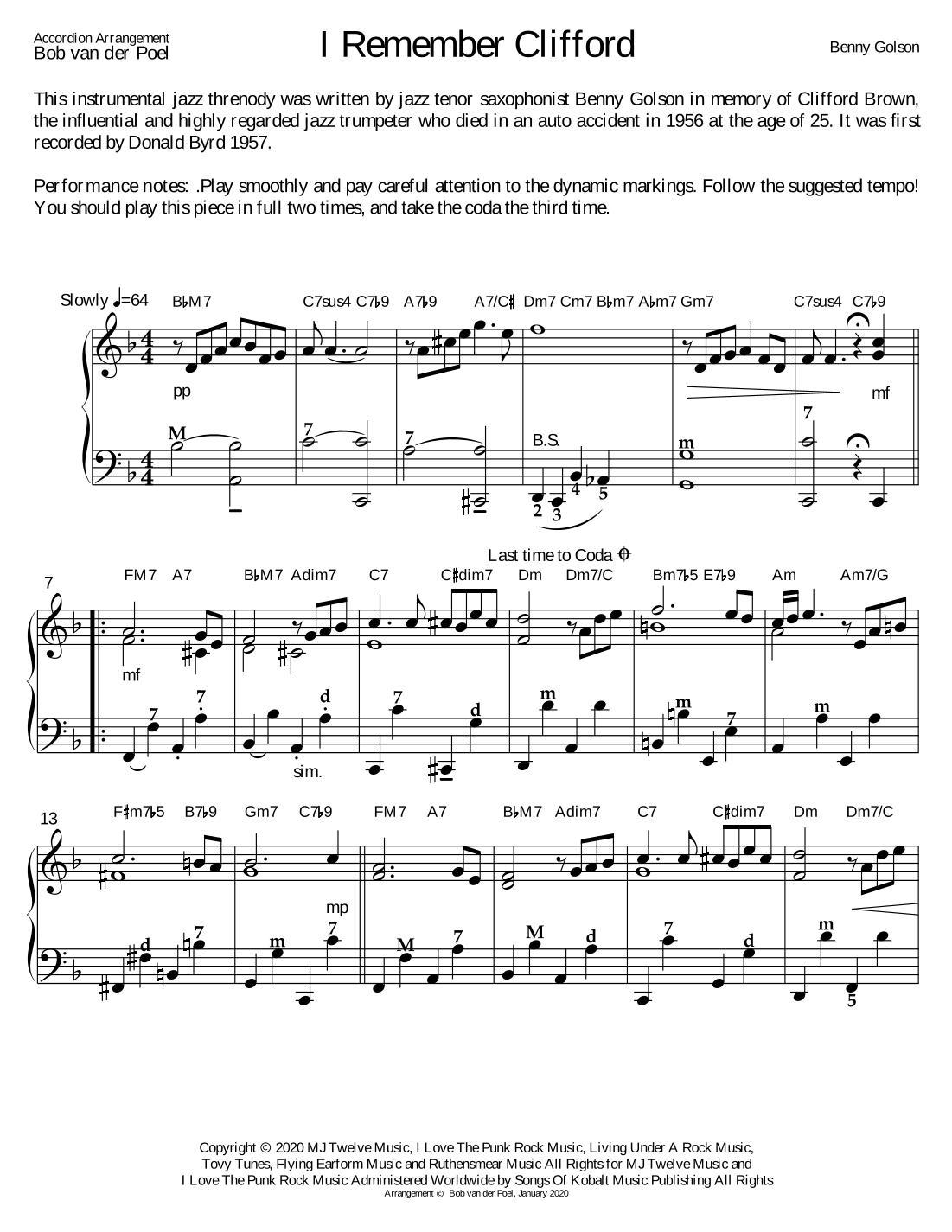 I Remember Clifford (arr. Bob van der Poel) by Benny Golson Sheet Music ...
