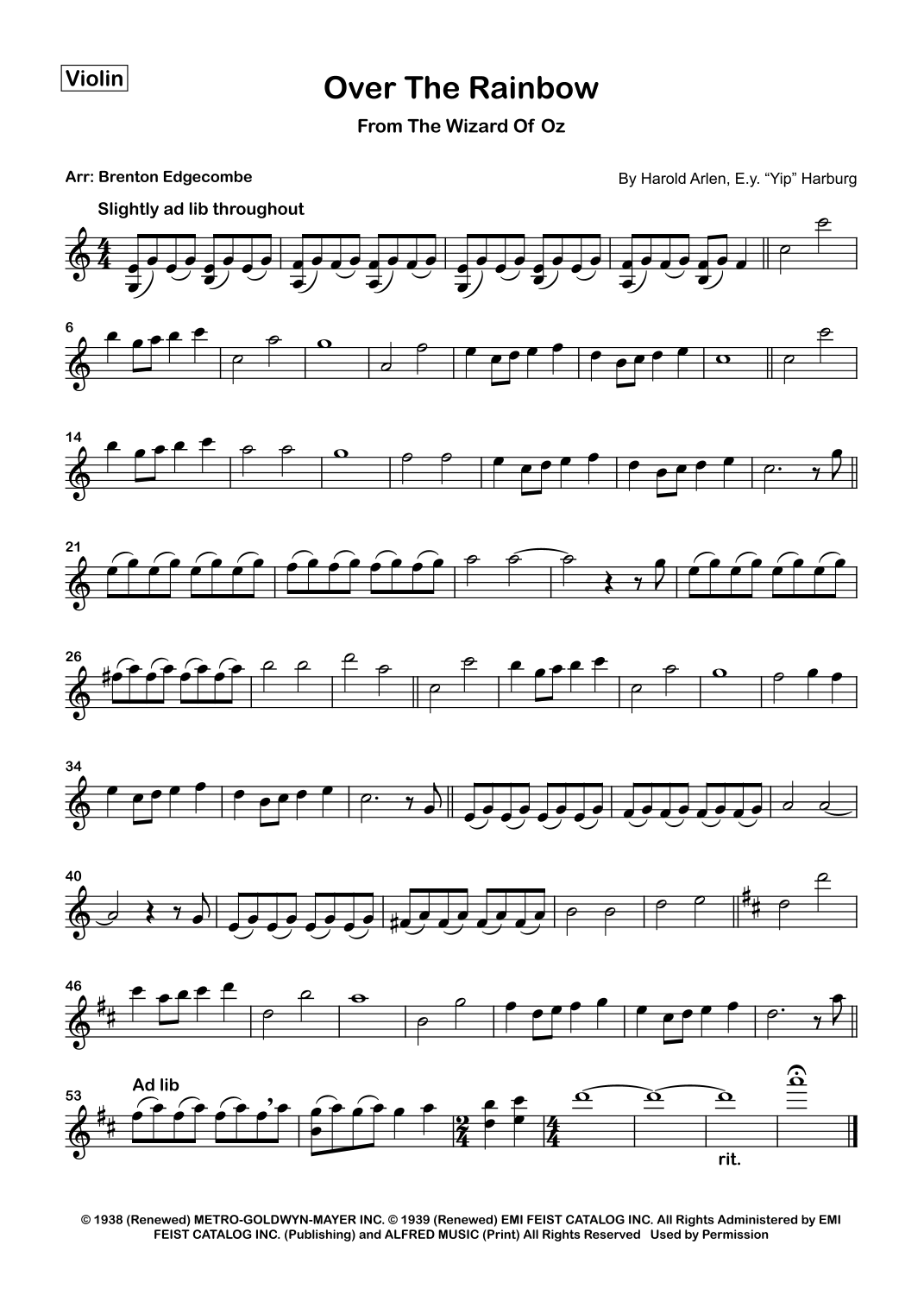 Over The Rainbow (arr. Brenton Edgecombe) by Judy Garland Sheet Music ...