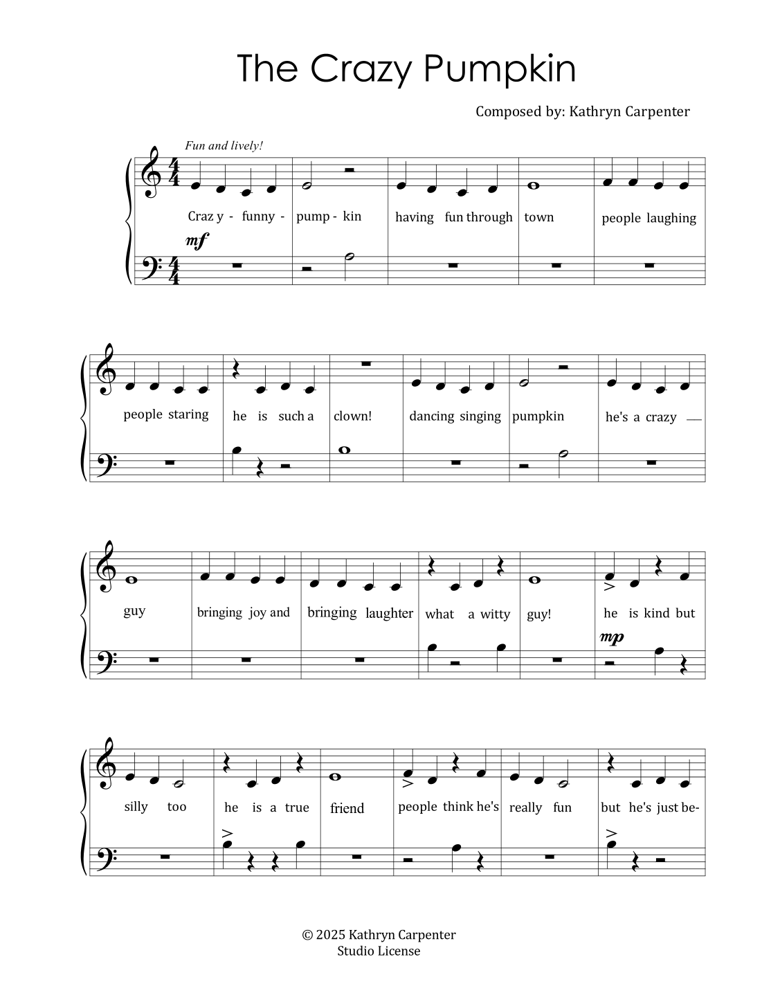 Three Pumpkin Songs (Easy Piano with Lyrics) by Kathryn Carpenter Sheet ...