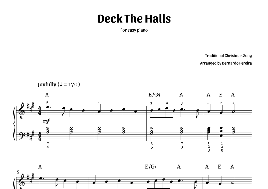 Deck The Halls (easy piano in A major – with chords) (arr. Bernardo ...