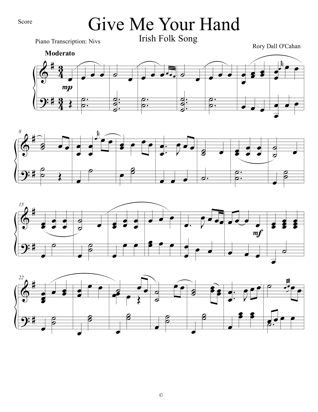 Give me your hand (arr. Nivs) by Rory Dall O'Cahan Sheet Music for ...