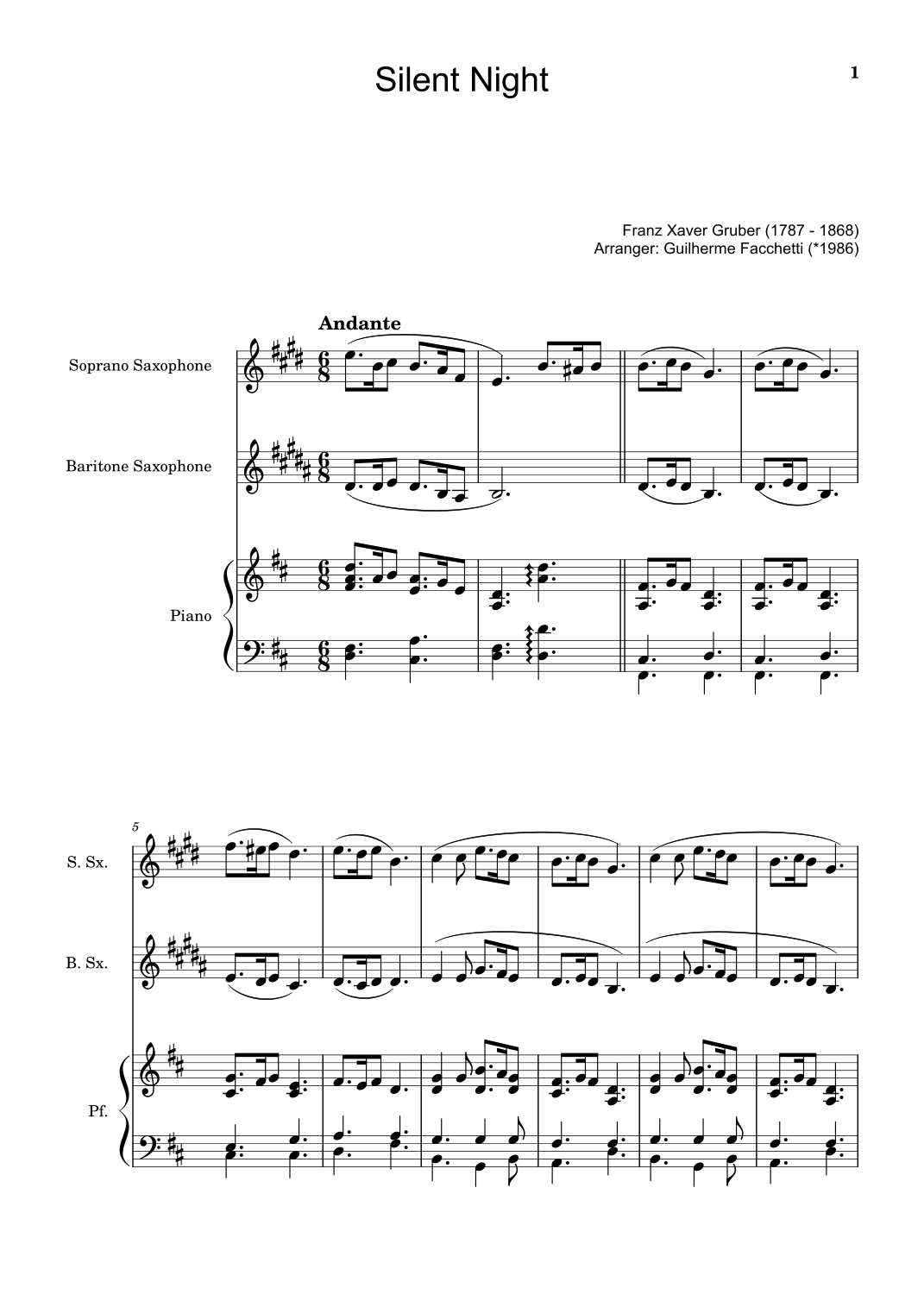 Silent Night - S. Sax., B. Sax. and Piano. With Parts. (arr. Guilherme ...