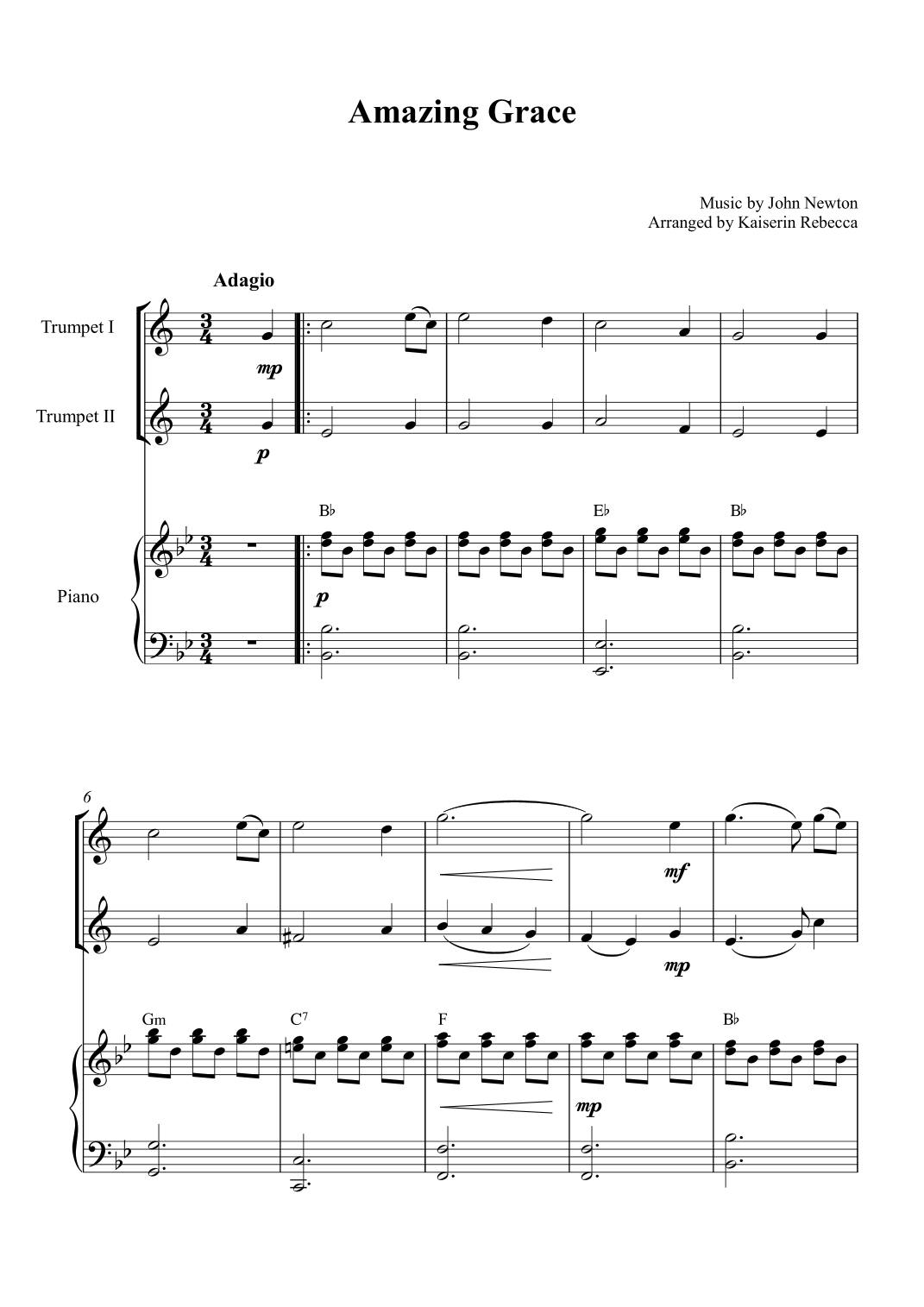Amazing Grace (arr. Kaiserin Rebecca) by John Newton Sheet Music for ...