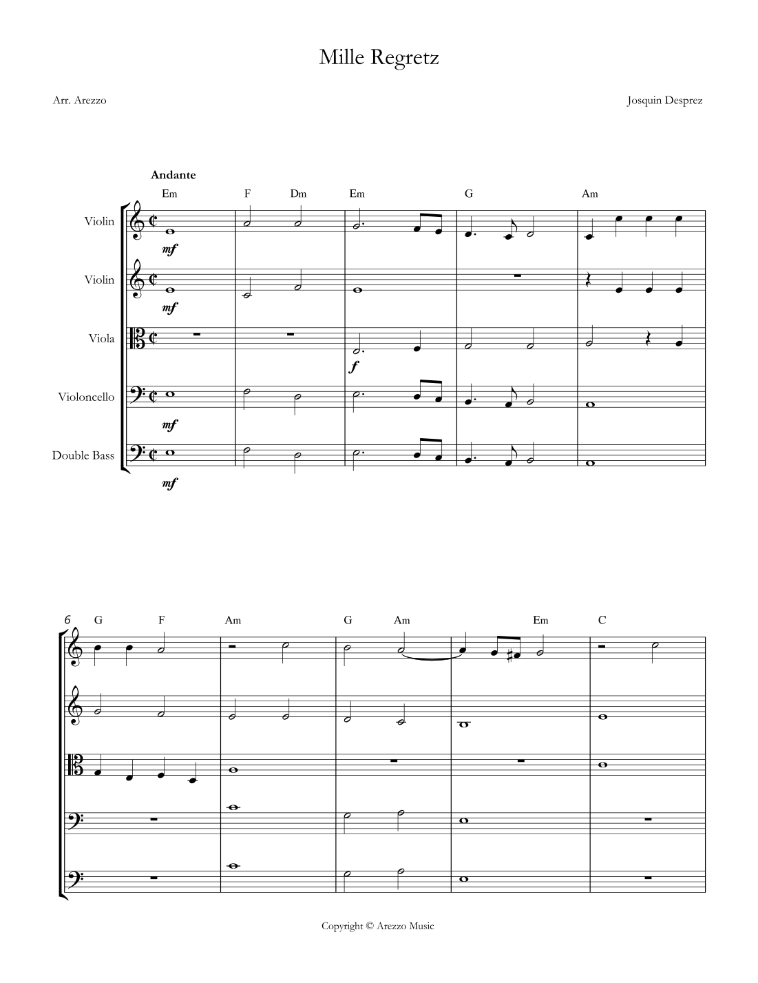 Josquin des Prez – Mille Regretz | String Quintet Sheet Music with ...