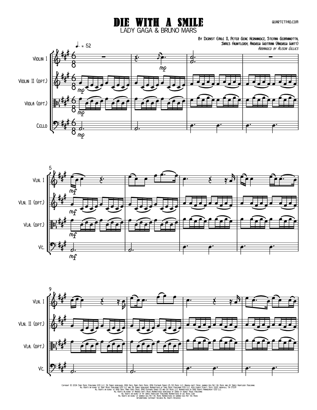 Die With A Smile (arr. Alison Gillies) by Bruno Mars And Lady Gaga ...
