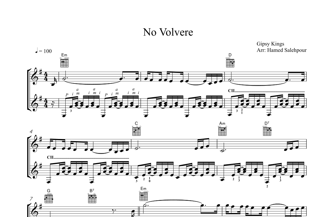 No Volvere, Guitar Duet (arr. Hamed Salehpour) by Gypsy Kings Sheet ...