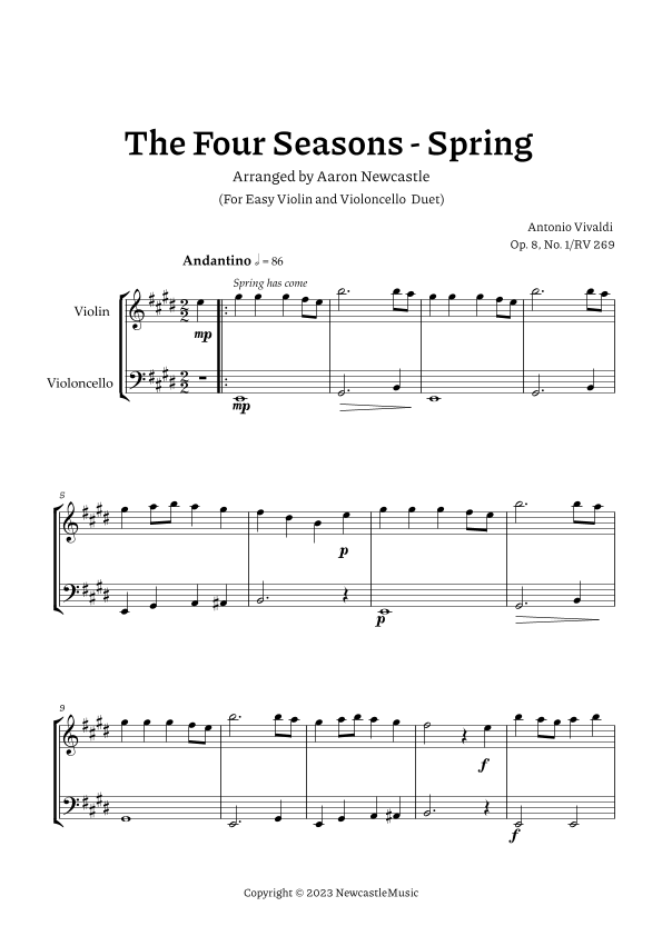 Vivaldi,Spring (The Four Seasons) — For Easy Violin and Violoncello ...