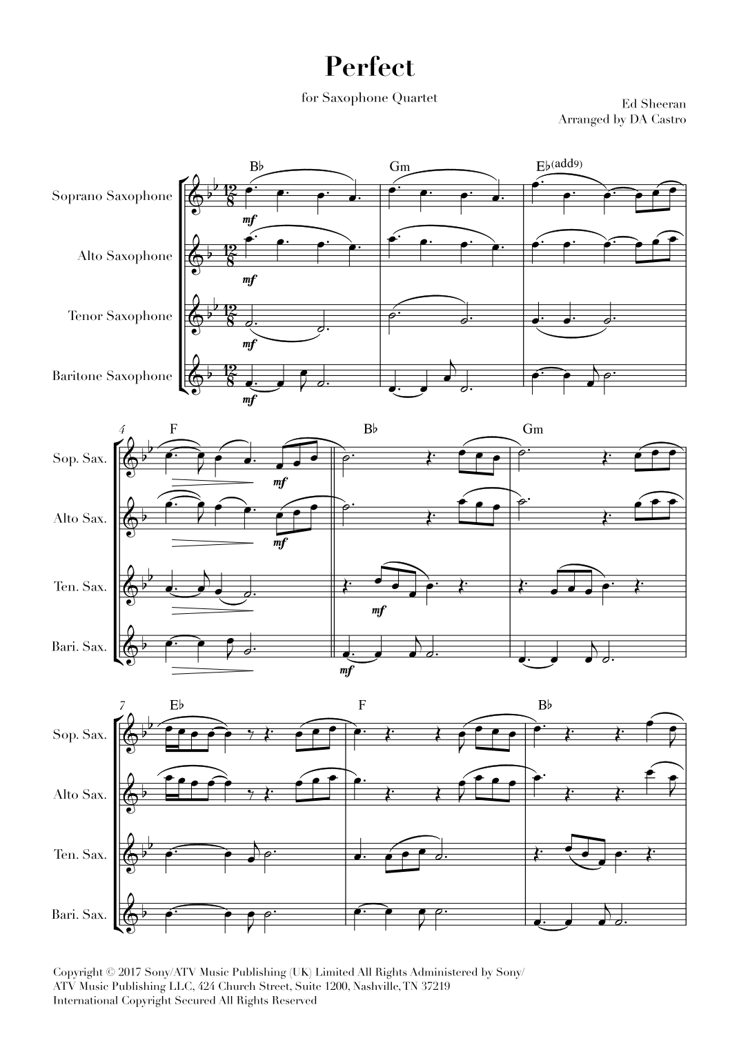 Perfect (arr. DA Castro) by Ed Sheeran Sheet Music for Woodwind ...