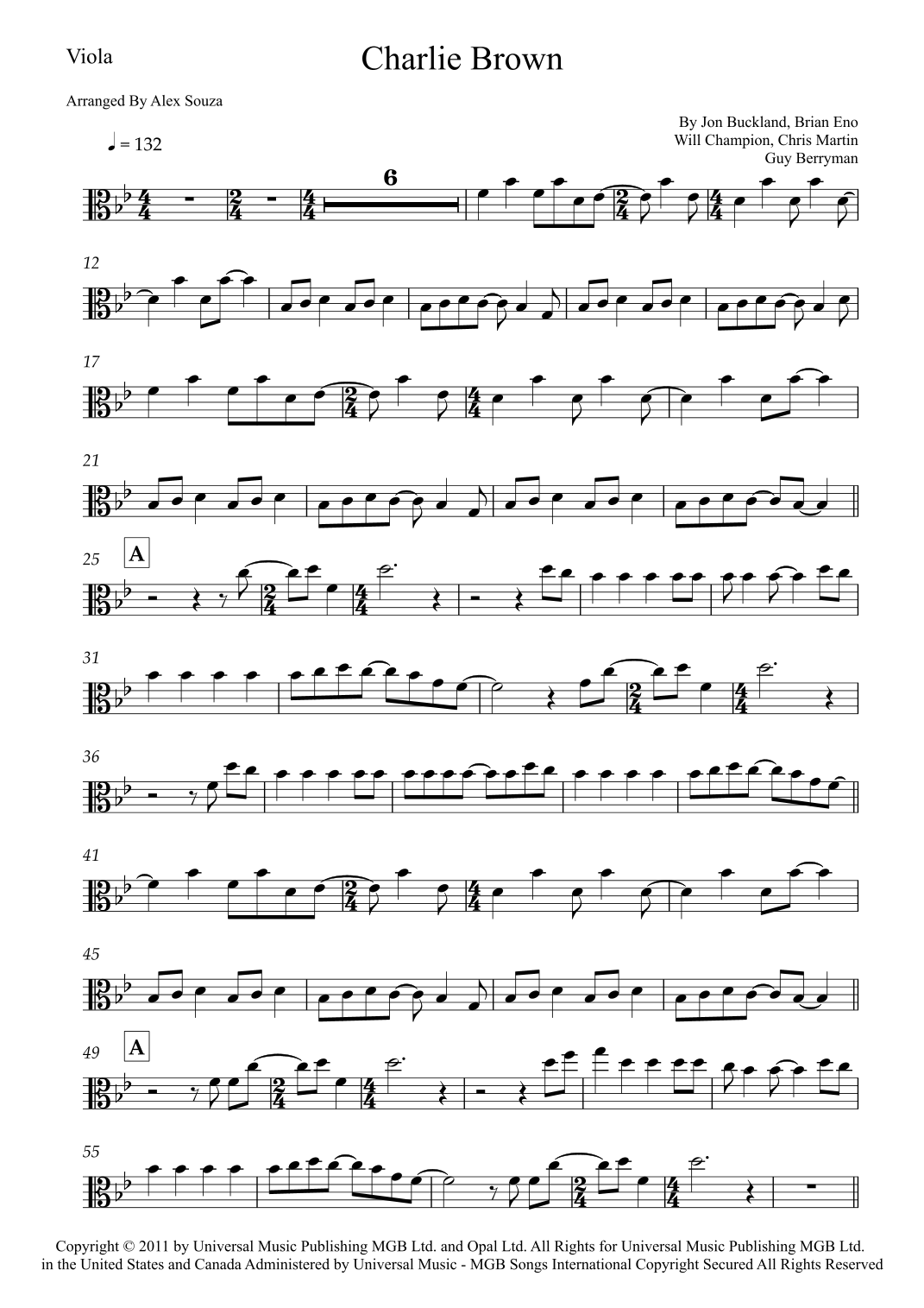 Charlie Brown (arr. Alex Souza) by Coldplay Sheet Music for Viola Solo ...