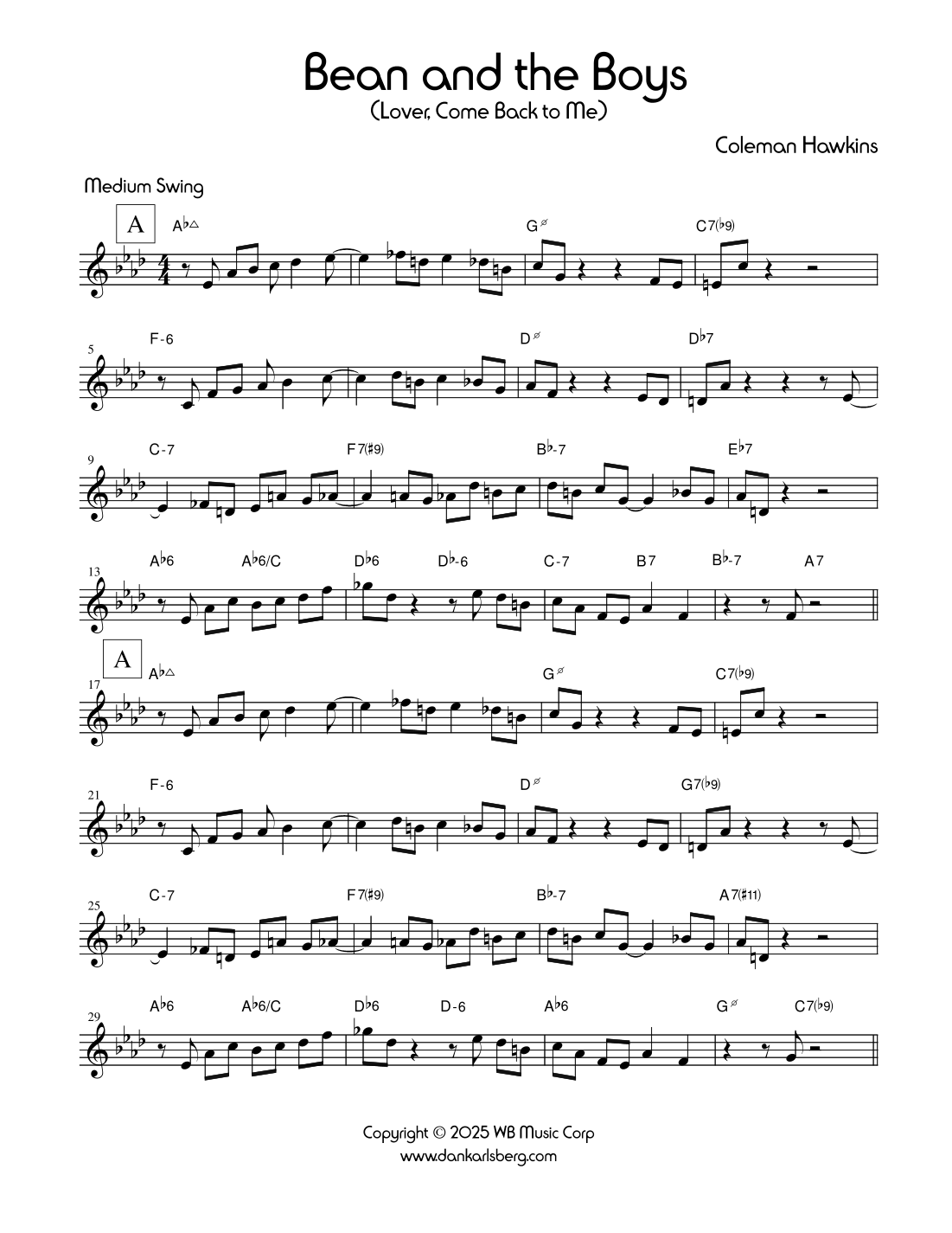 Bean And The Boys (arr. Dan Karlsberg) by Coleman Hawkins Sheet Music ...