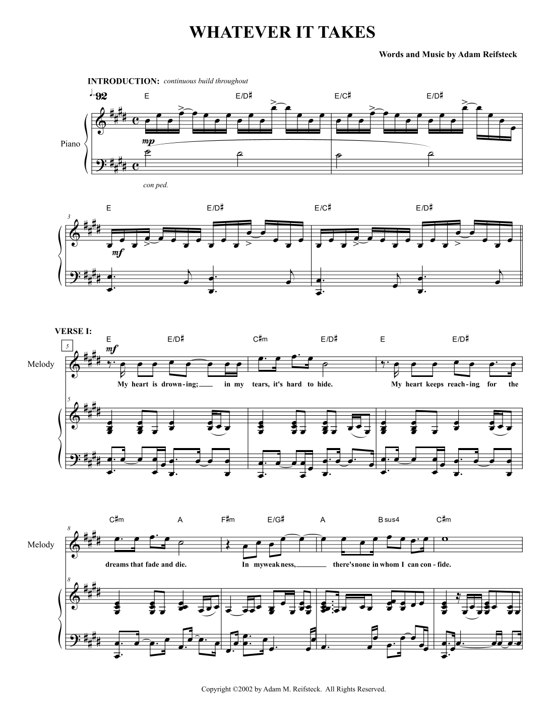 Whatever It Takes by Adam Reifsteck Sheet Music for Piano, Vocal ...