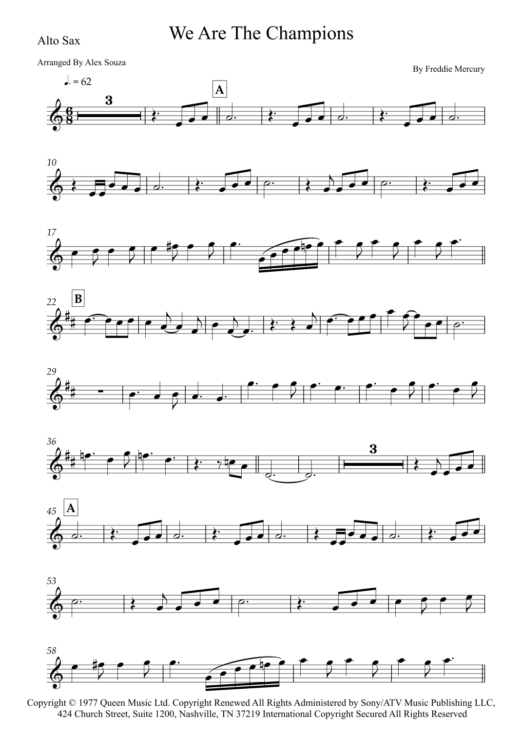 We Are The Champions (arr. Alex Souza) by Queen Sheet Music for Alto ...