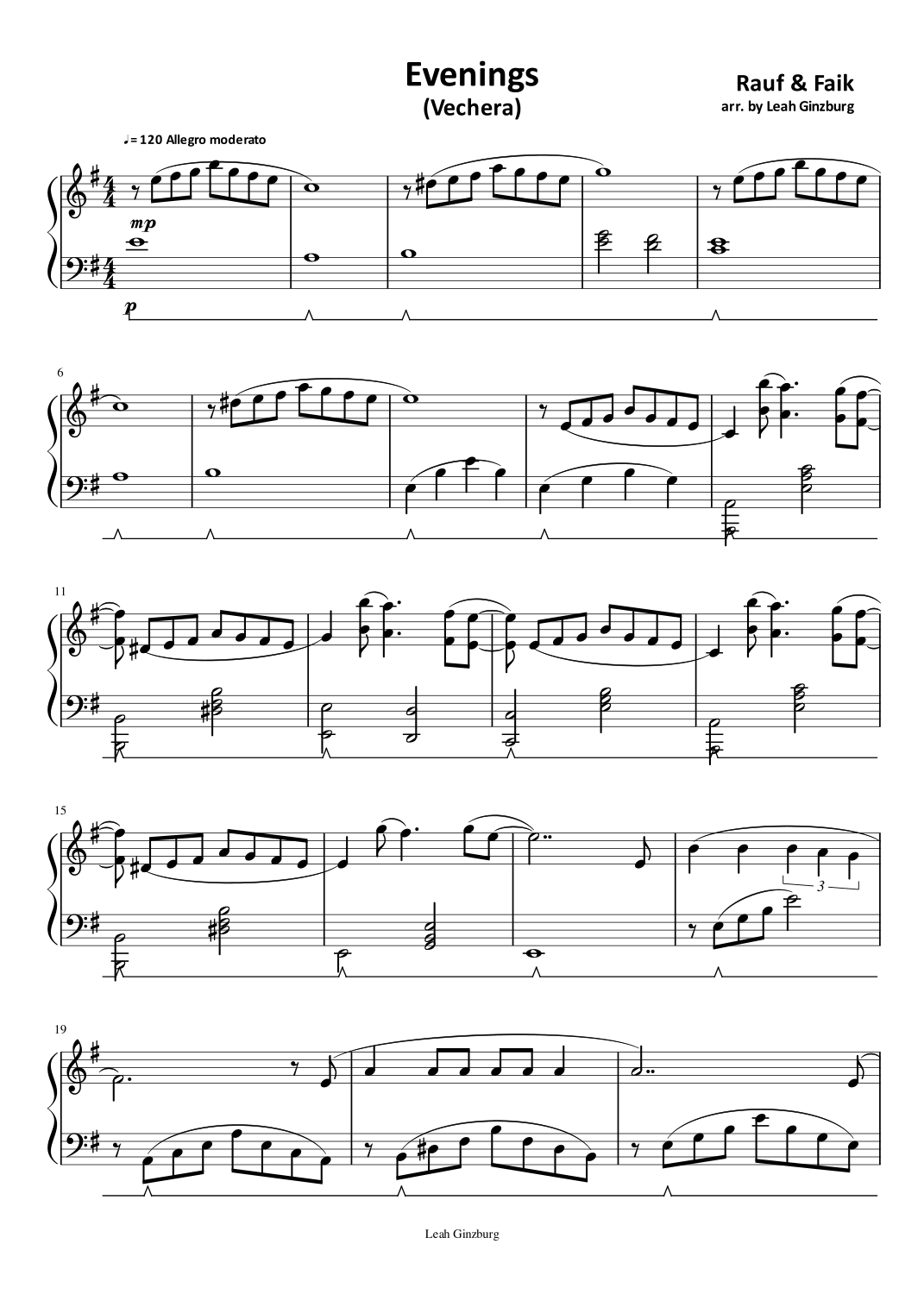 Evenings (Vechera) by Rauf and Faik (arr. Leah Ginzburg) by Rauf & Faik ...