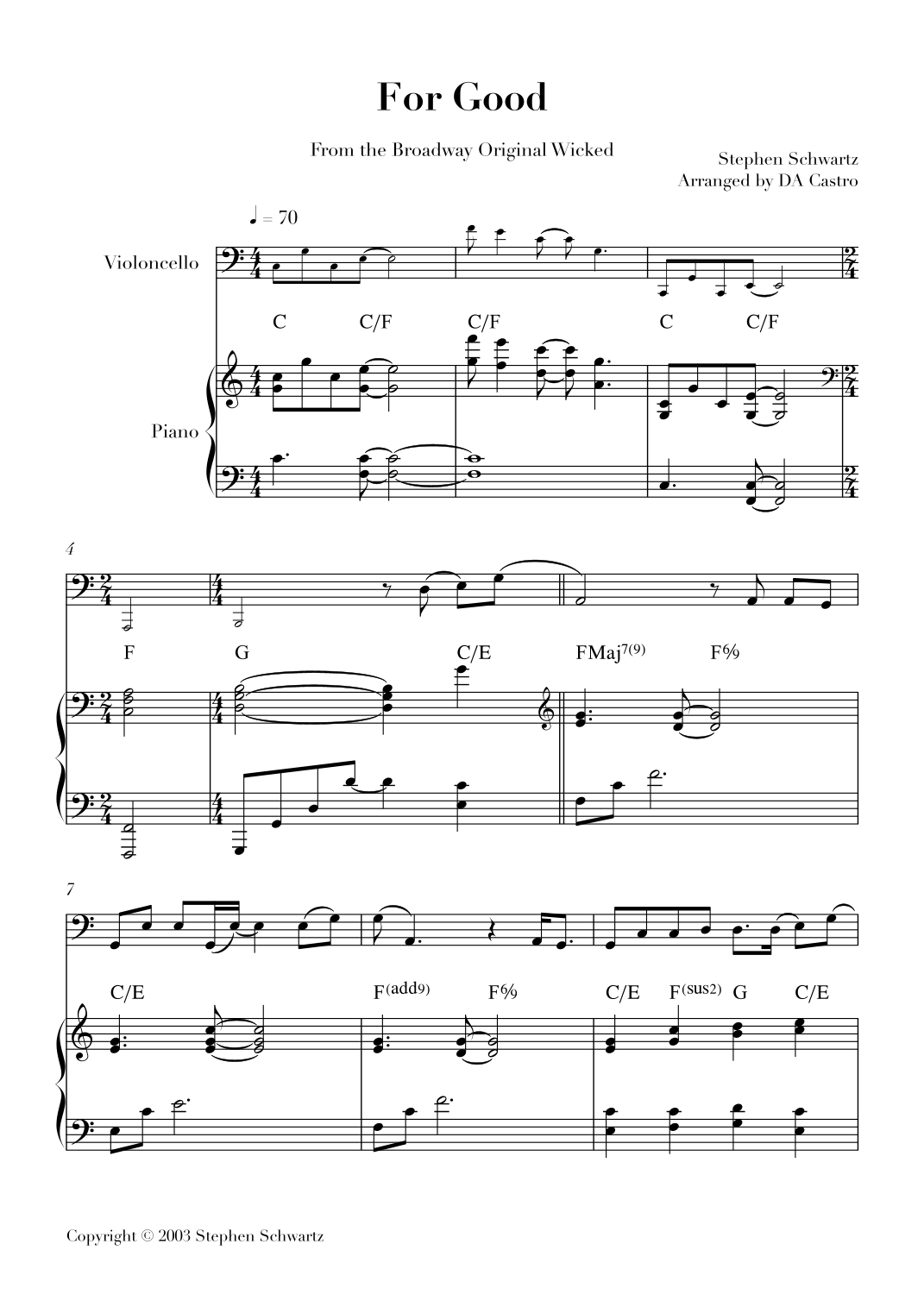 For Good (arr. DA Castro) by Stephen Schwartz Sheet Music for Cello and ...