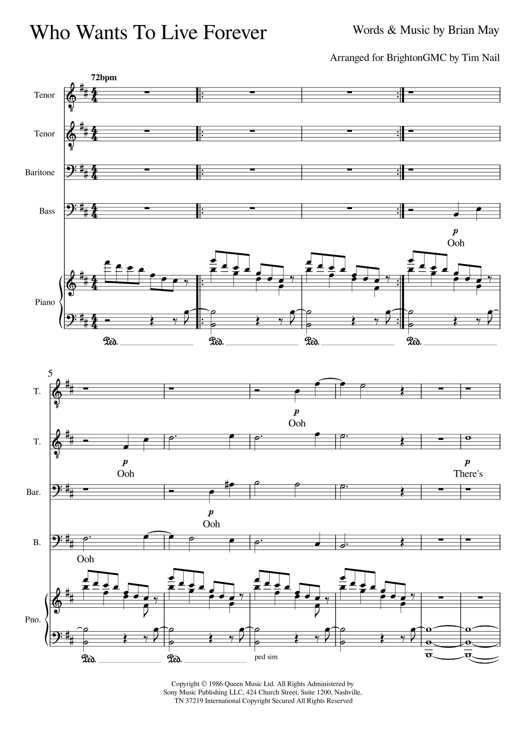 Who Wants To Live Forever (arr. Tim Nail) by Queen Sheet Music for TTBB ...