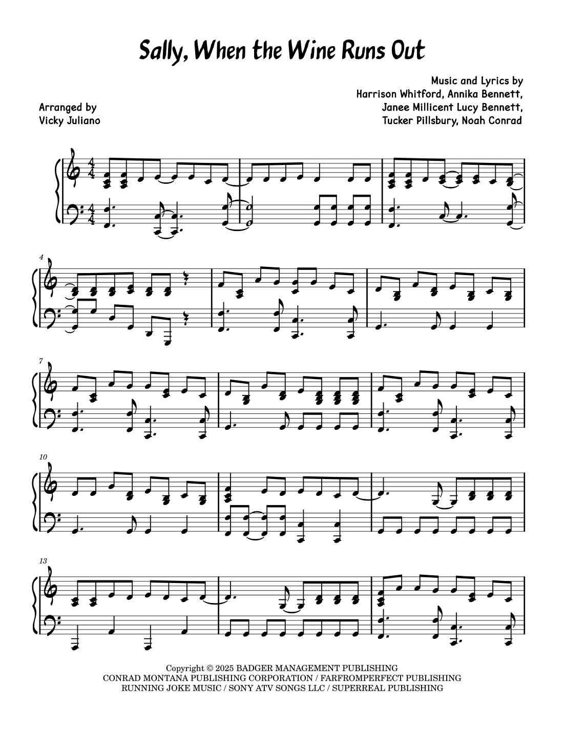 Sally When The Wine Runs Out (arr. Vicky Juliano) by Role Model Sheet ...