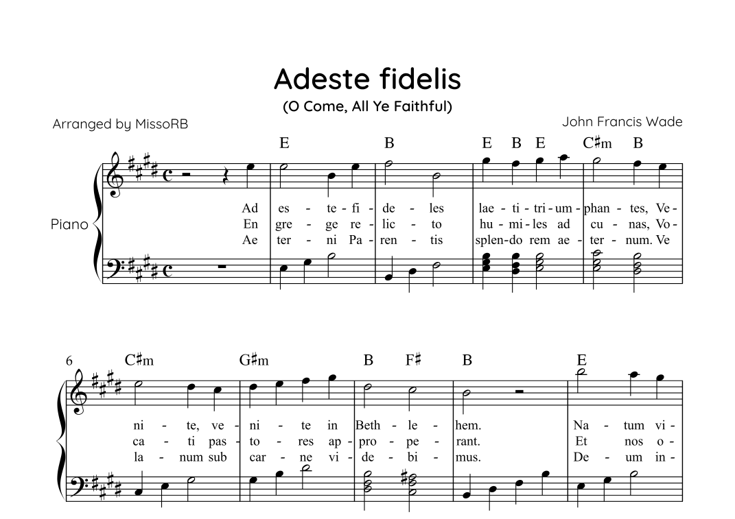 Adeste Fidelis (O Come, All Ye Faithful) - Piano in E Major (Easy With ...