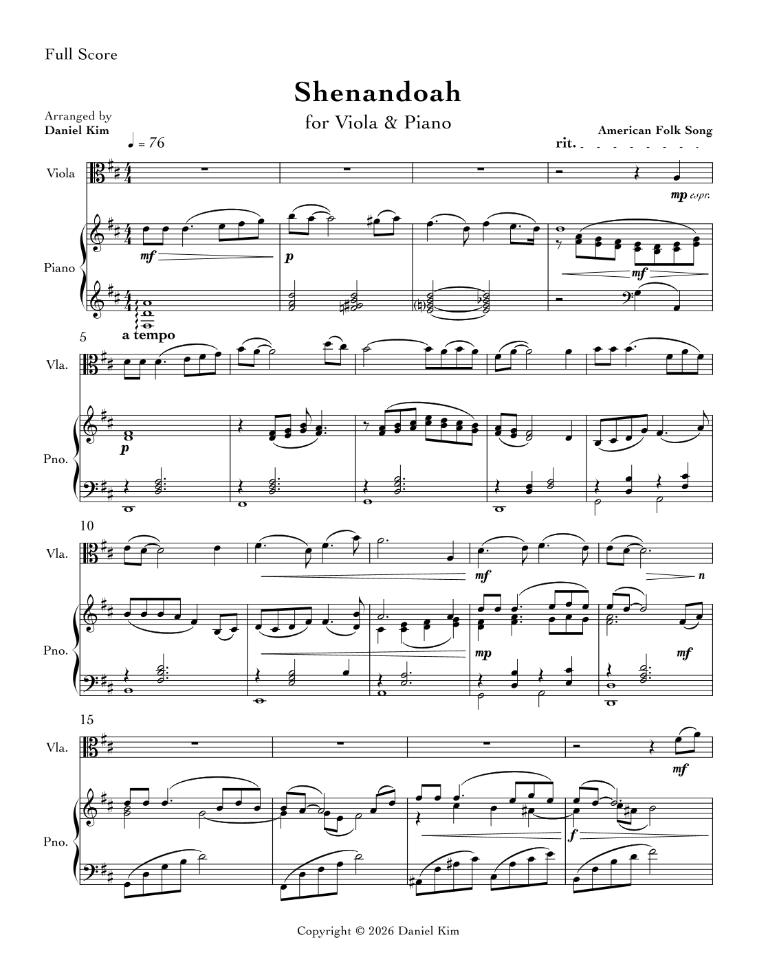 Shenandoah (Viola & Piano) (arr. Daniel Kim) by American Folk Song ...