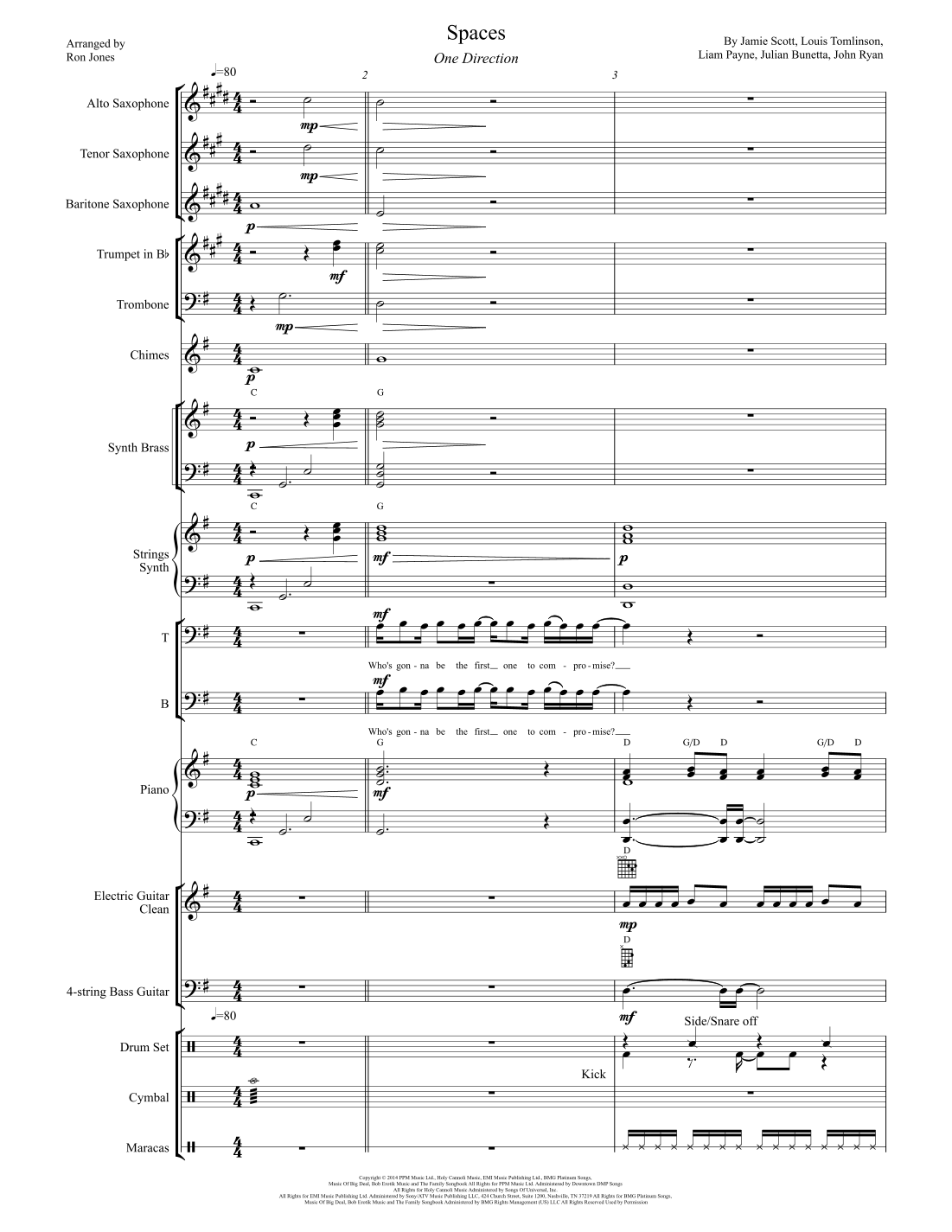 Spaces (arr. Ron Jones) by One Direction Sheet Music for Performance ...