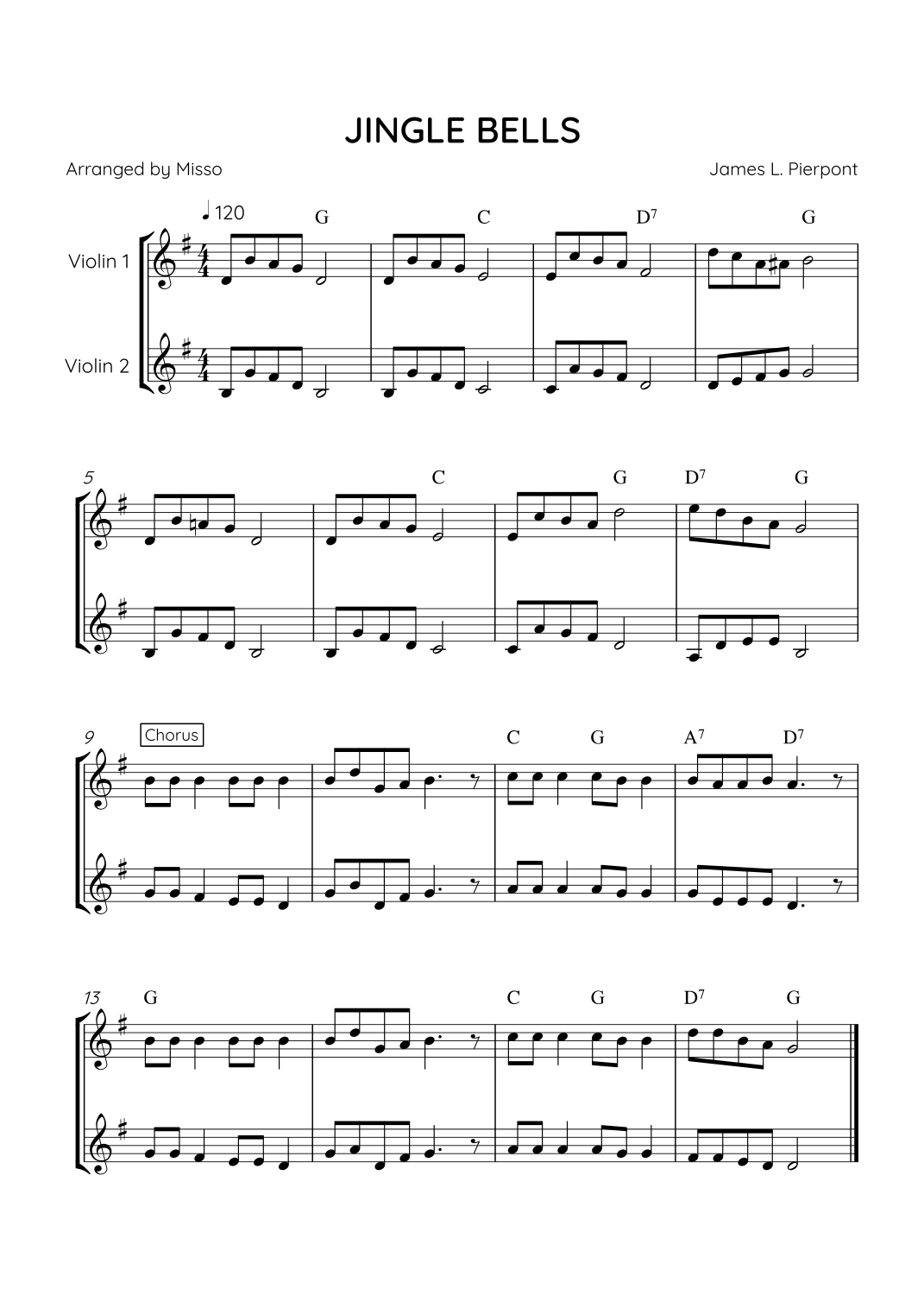Jingle Bells - Violin Duet in G Major (Easy With Chords) (arr. MissoRB ...