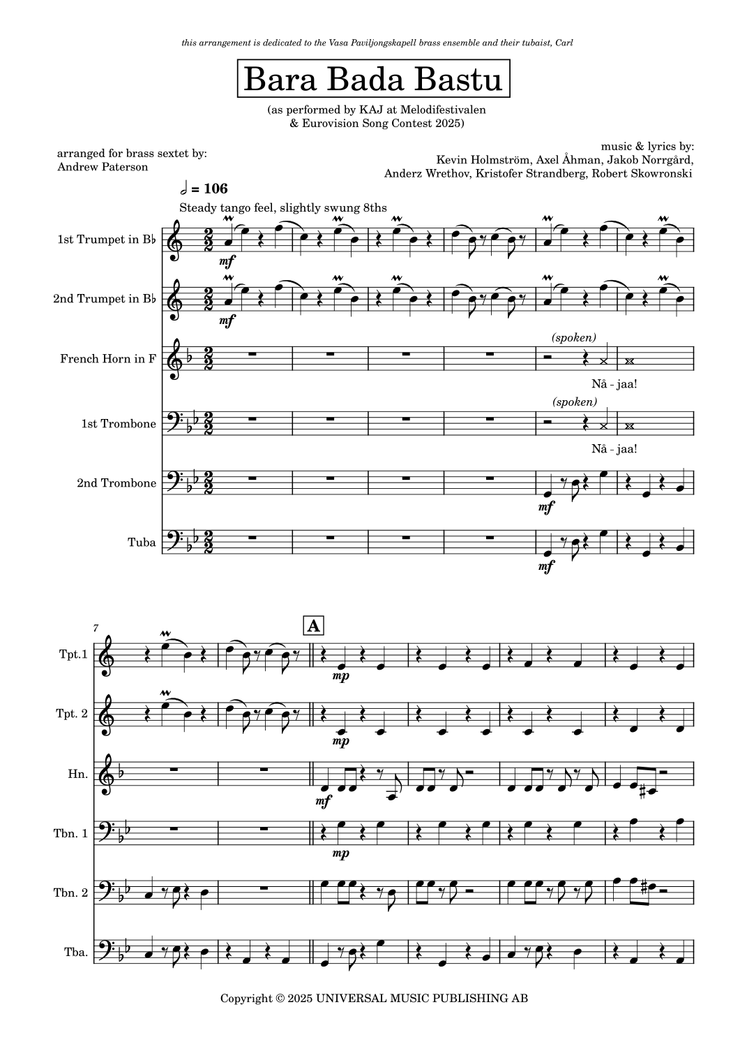 Bara Bada Bastu (arr. Andrew Paterson) by Kaj Sheet Music for Brass Ensemble at Sheet Music Direct