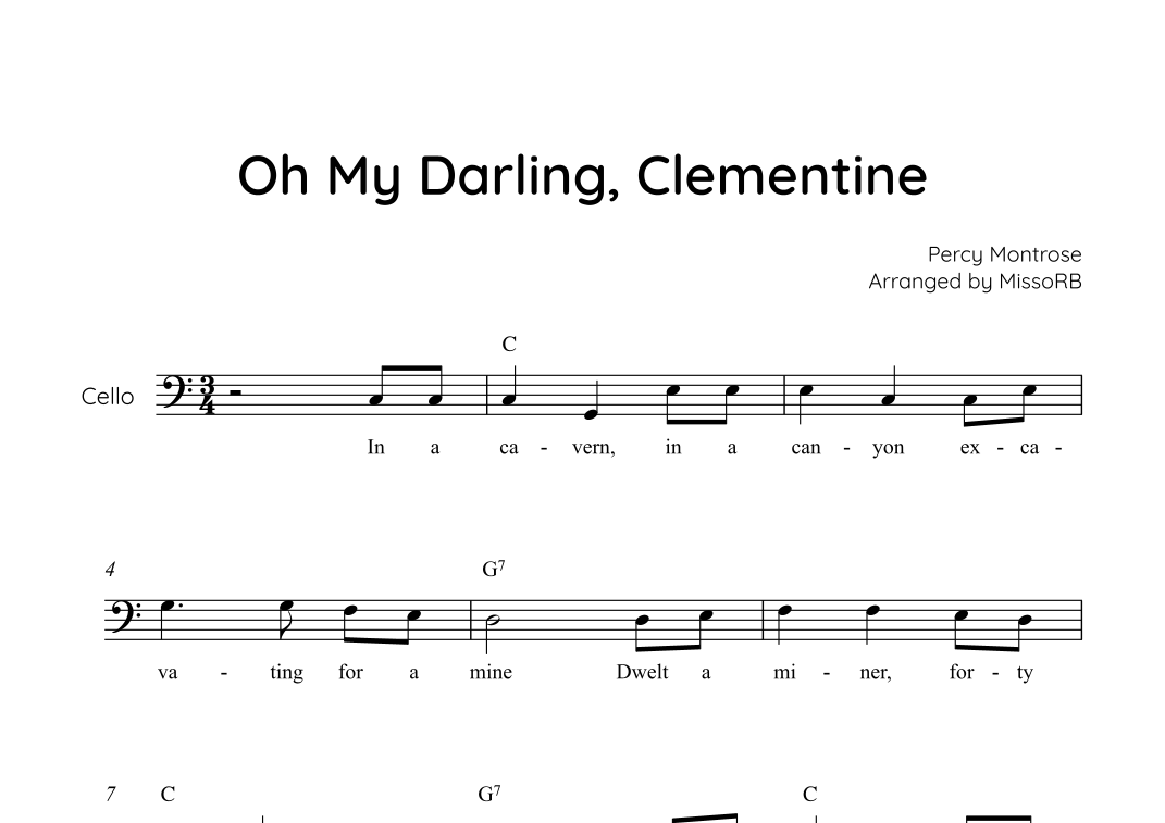 Oh My Darling, Clementine - Cello in C With Chords & Lyric - Easy (arr ...
