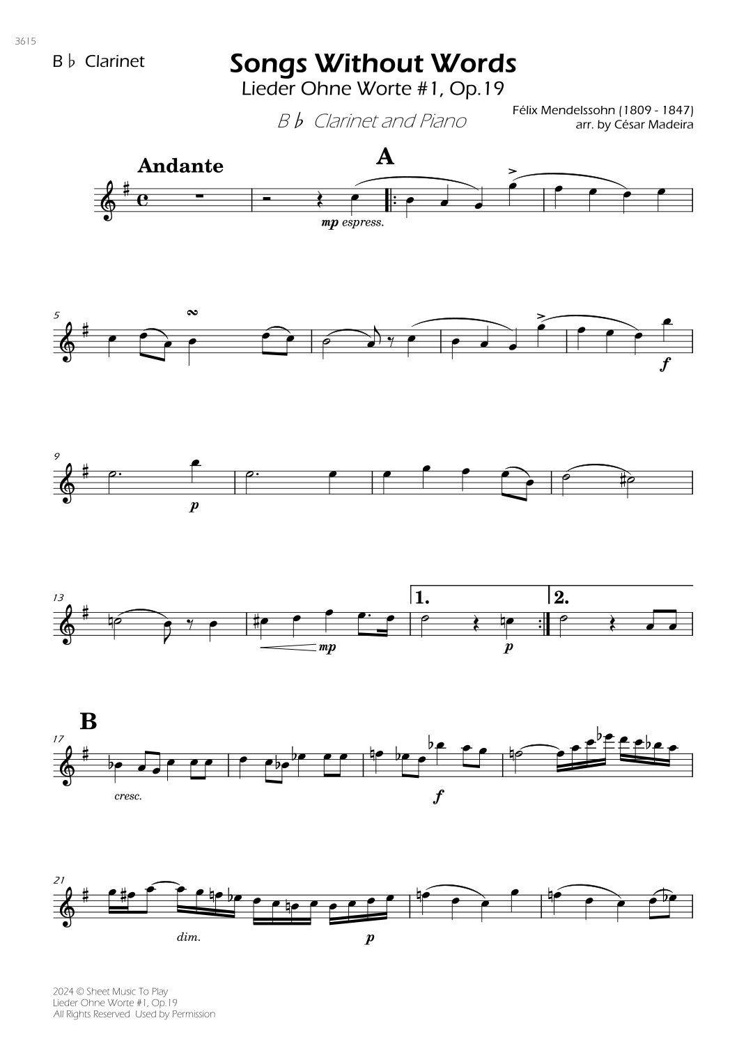 Songs Without Words No.1, Op.19 - Bb Clarinet and Piano (Individual ...