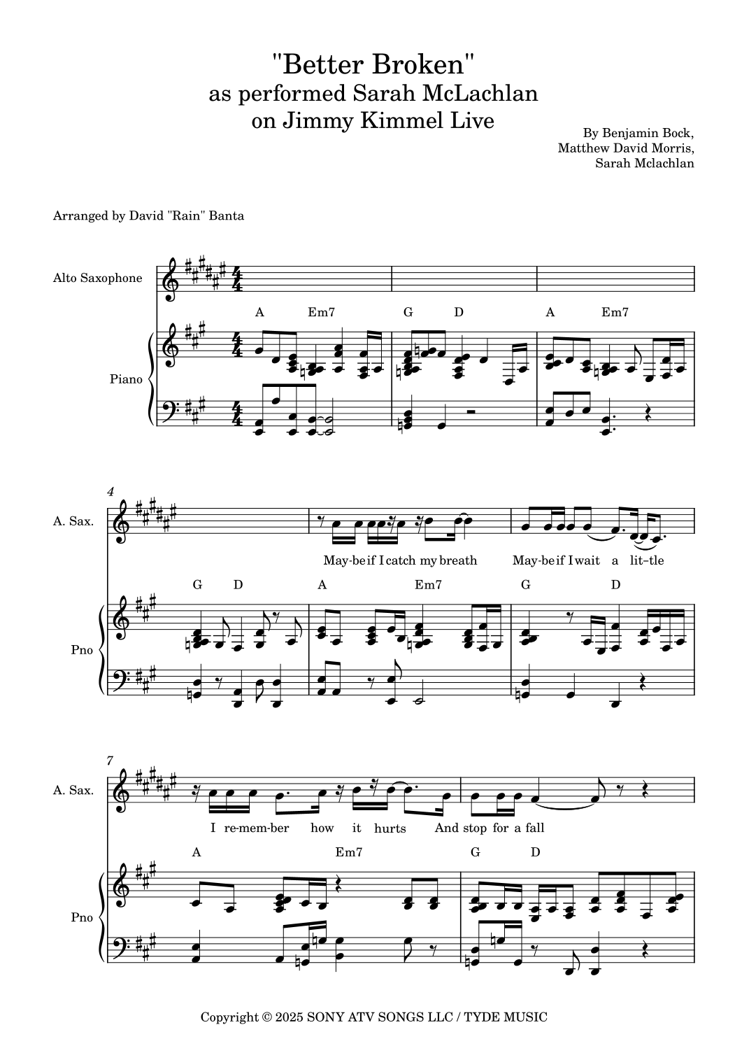 Better Broken (arr. David ?Rain: Banta) by Sarah McLachlan Sheet Music for Alto Sax and Piano at ...