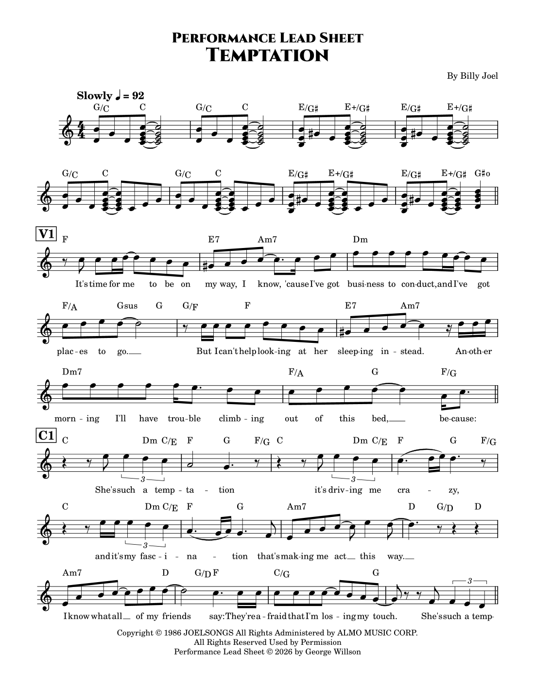 Temptation (arr. George Willson) by Billy Joel Sheet Music for Lead ...