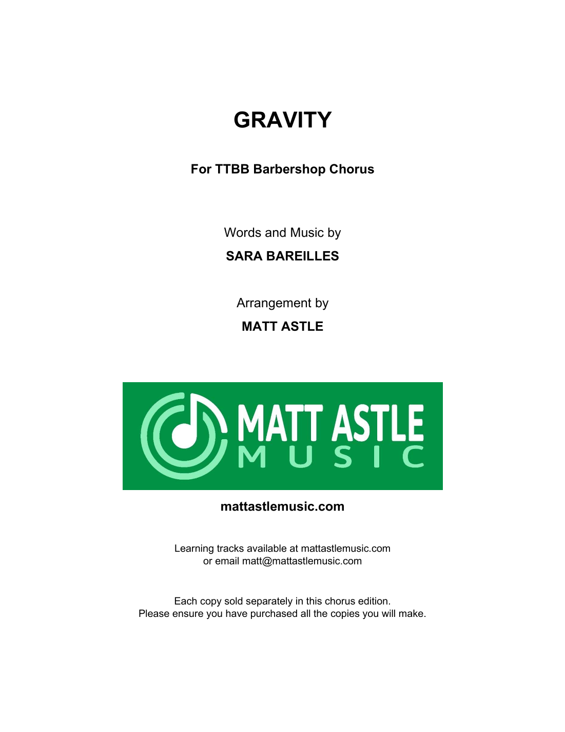 Gravity (arr. Matt Astle) by Sara Bareilles Sheet Music for TTBB Choir ...