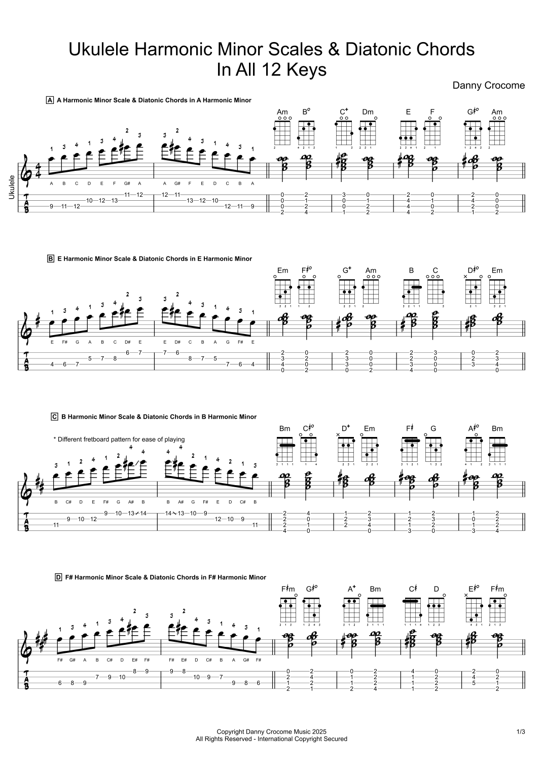 Ukulele Harmonic Minor Scales & Diatonic Chords (in all 12 keys) by ...