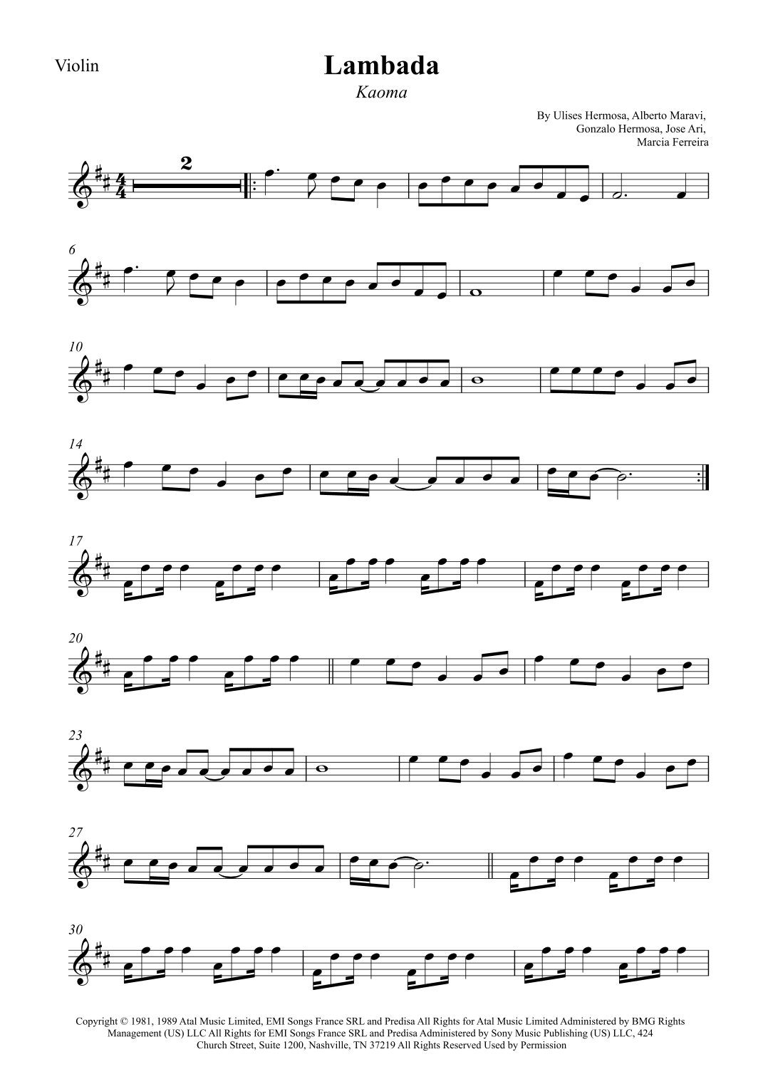 Lambada (arr. Wesley S. SIlva) by Kaoma Sheet Music for Violin Solo at ...