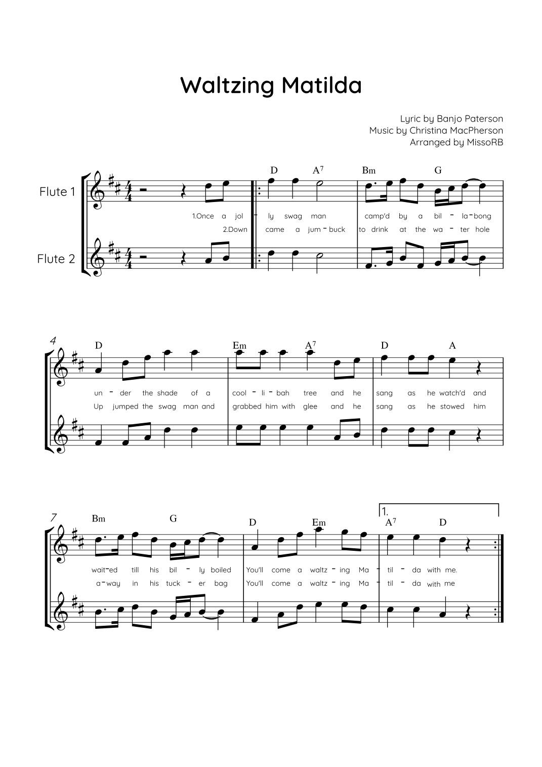 Waltzing Matilda - Flute Duet in D With Lyric & Chords - Easy (arr ...