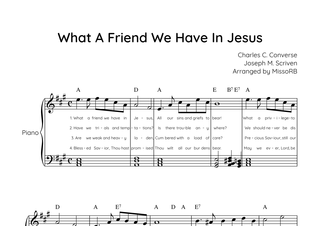 What a Friend We have in Jesus - Piano in A With Chords & Lyric - Easy ...
