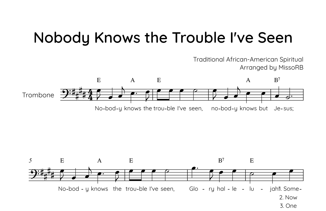Nobody Knows the Trouble I've Seen - Trombone in E With Chords & Lyric ...
