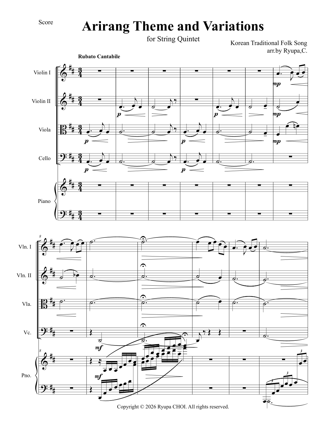 ARIRANG (arr. Ryupa CHOI) by Korean Traditional Folk Song Sheet Music ...