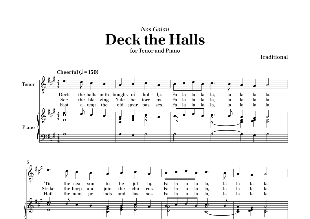 Deck the Halls - Tenor and Piano in A major Easy without Chords (arr ...
