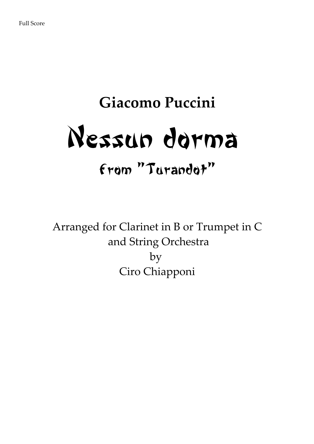 Nessun Dorma from "Turandot" (arr. Chiapponi Ciro) par Giacomo Puccini Partitions pour ...