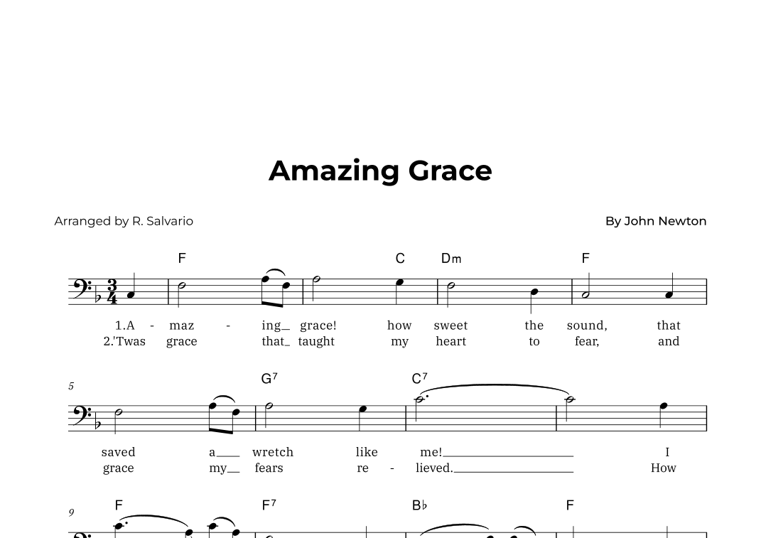 Amazing Grace (Key of F Major) (arr. R. Salvario) by John Newton Sheet ...