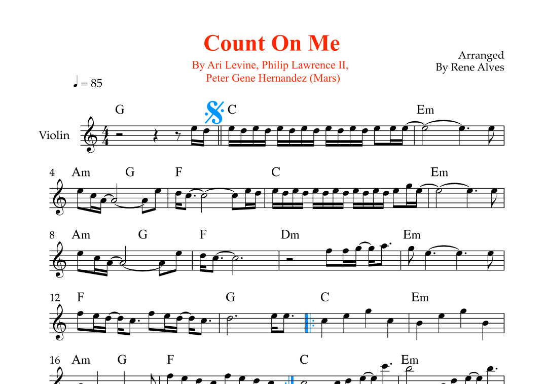 Count On Me (arr. Rene Alves) by Bruno Mars Sheet Music for Violin Solo ...