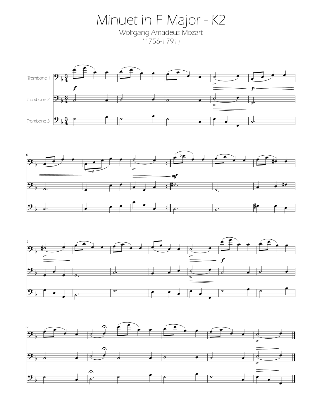 Mozart - Minuet in F Major K2 - Trombone Trio (arr. Ygor Nunes) by ...