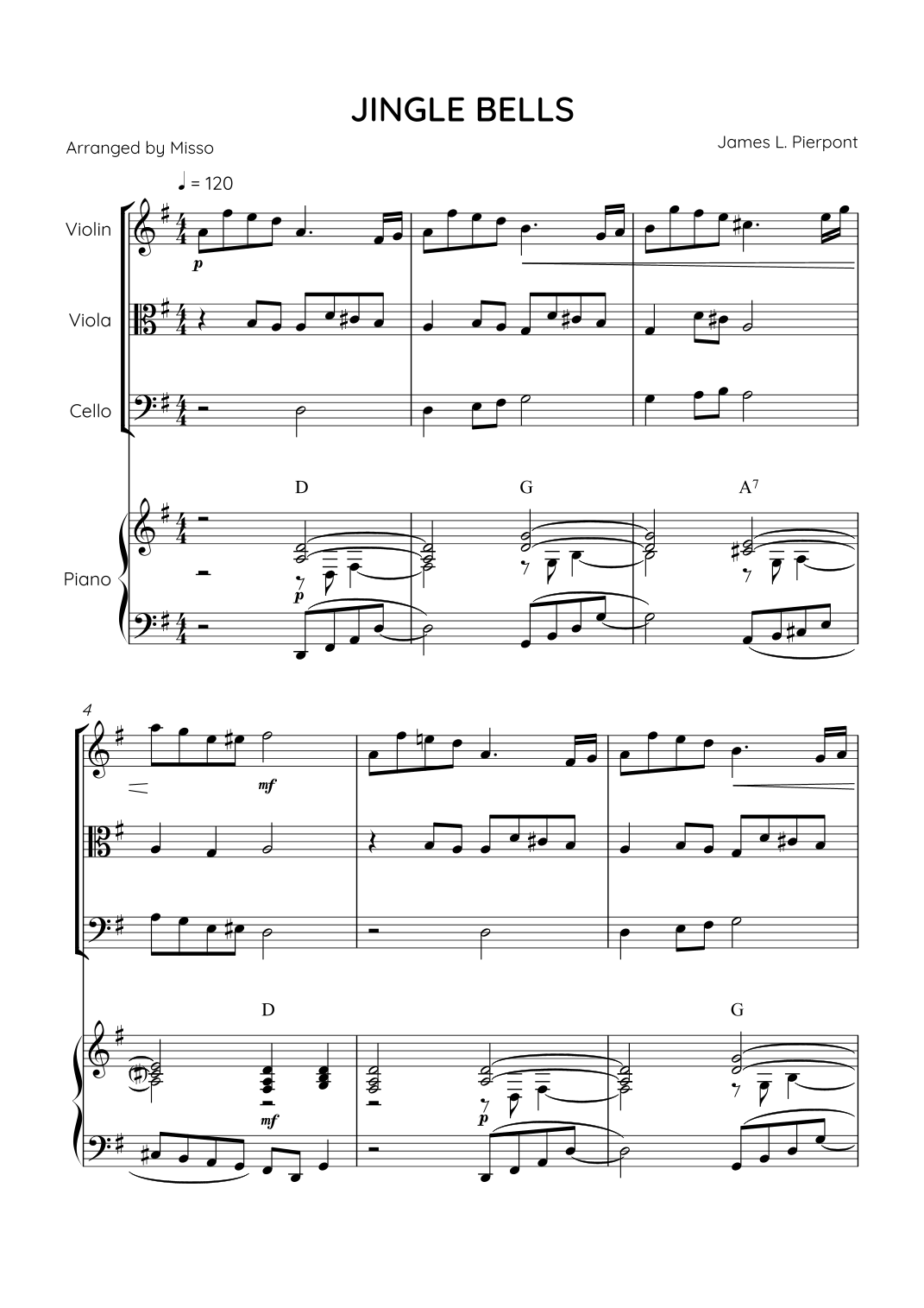 Jingle Bells - Strings Trio in G Major - Intermediate With Chords (arr ...